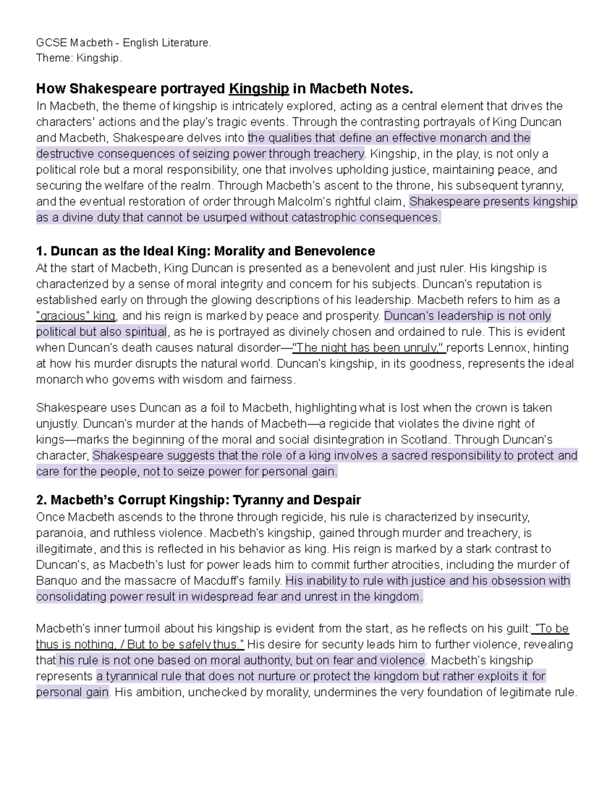 GCSE Macbeth English Literature: Kingship Theme Analysis Notes - Studocu