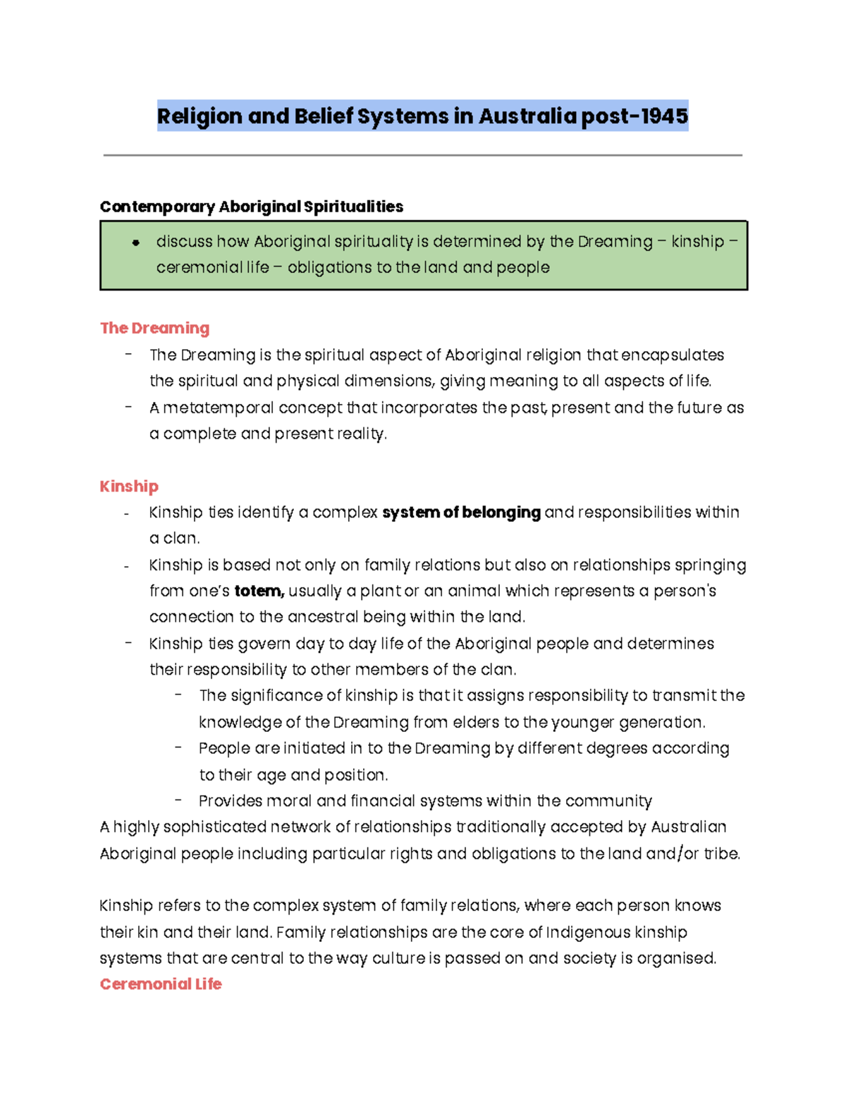 HSC SOR Final Exam Study Notes: Aboriginal Spirituality & Land Rights ...