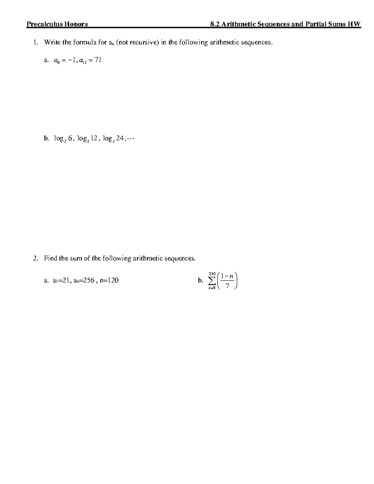 Precalculus Honors: 8.2 Arithmetic Sequences HW - Studocu
