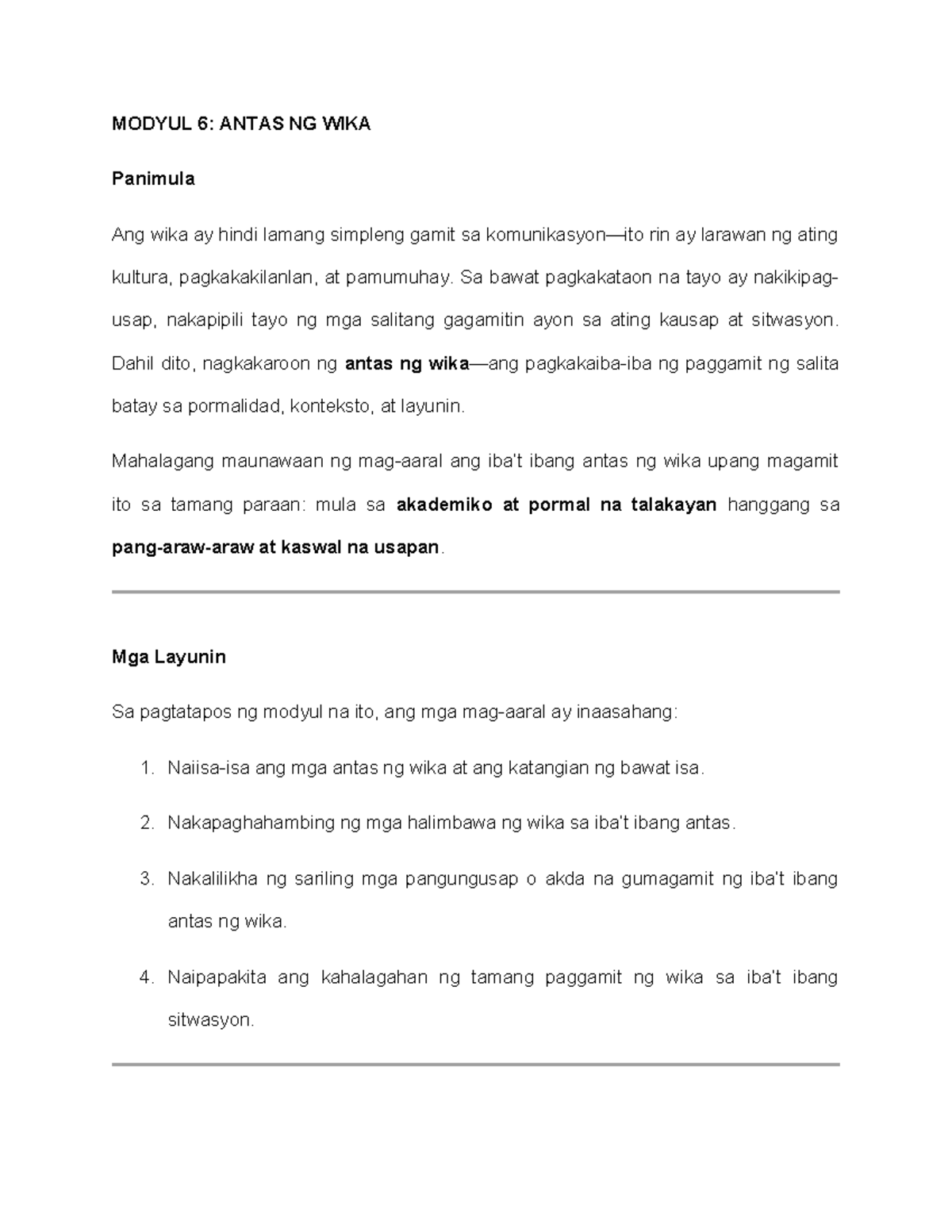 MODYUL 6: ANTAS NG WIKA - Pag-unawa sa Pormal at Impormal na Wika - Studocu