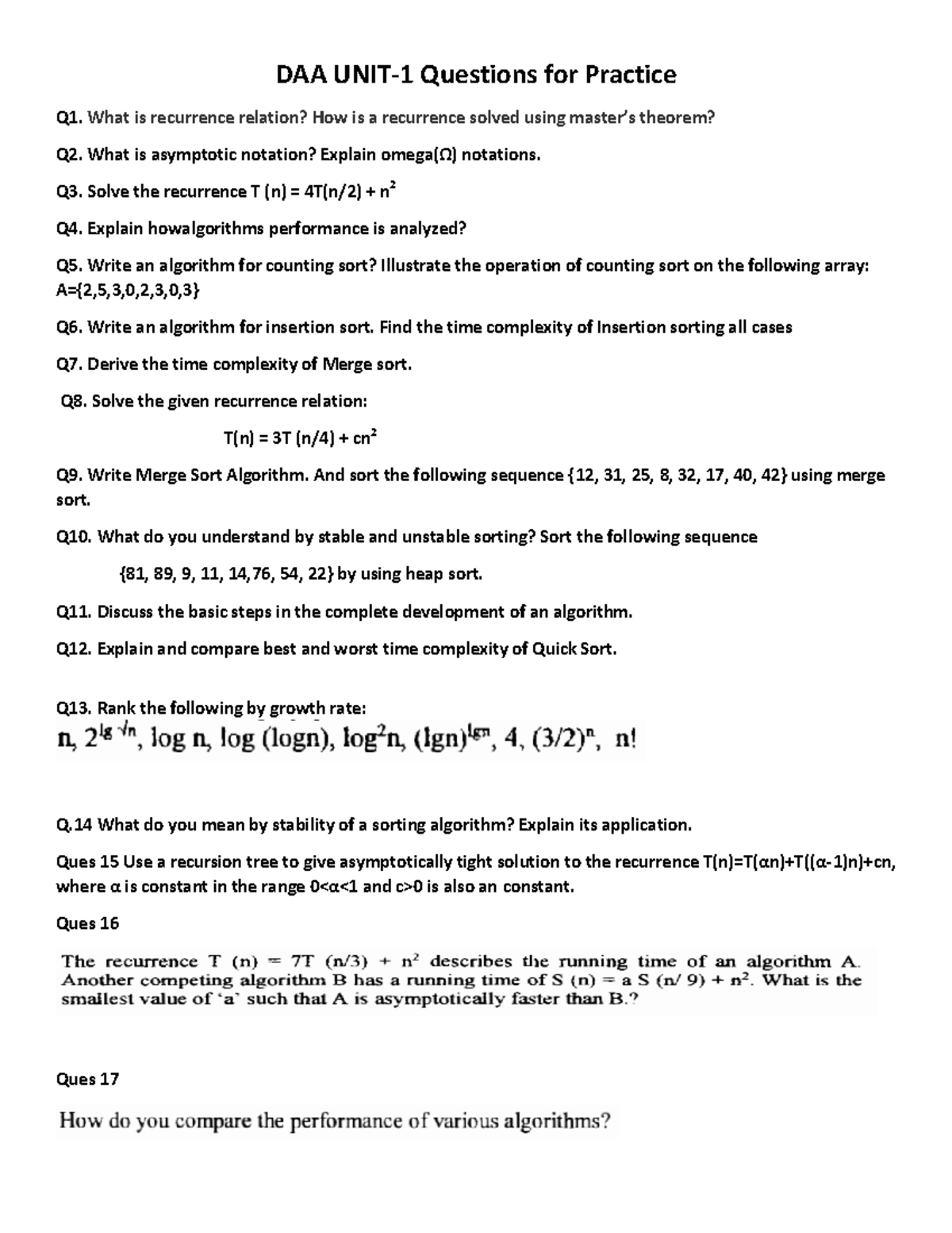 DAA Unit 1: Comprehensive Practice Questions & Solutions - Studocu