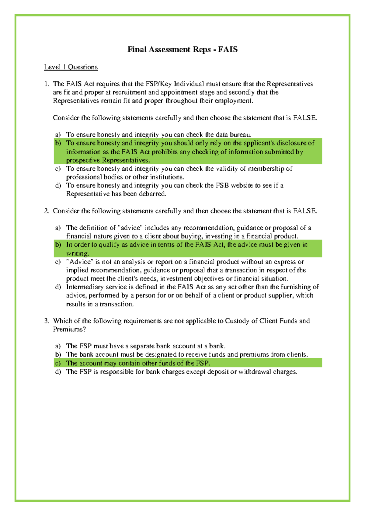 Final Assessment FAIS Level 1: 500 Questions & Answers - Studocu