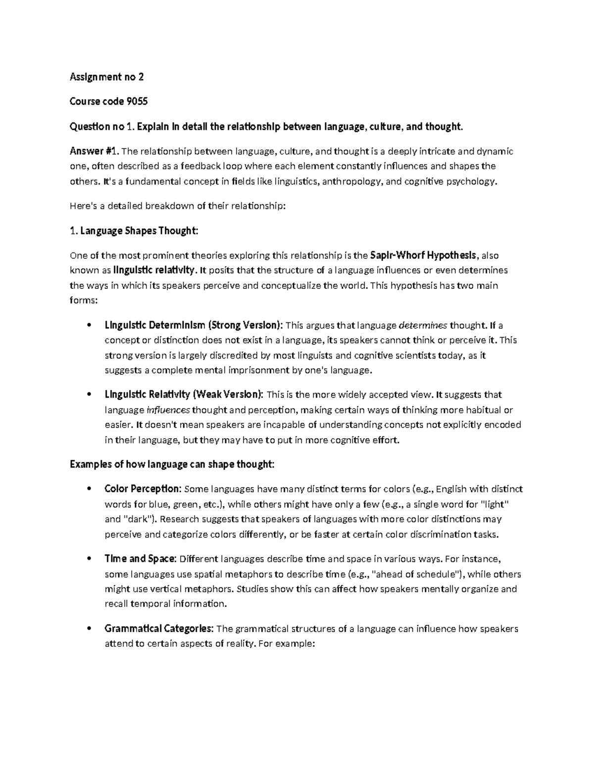 9055 Assignment 2: Language, Culture, and Thought Interconnections ...