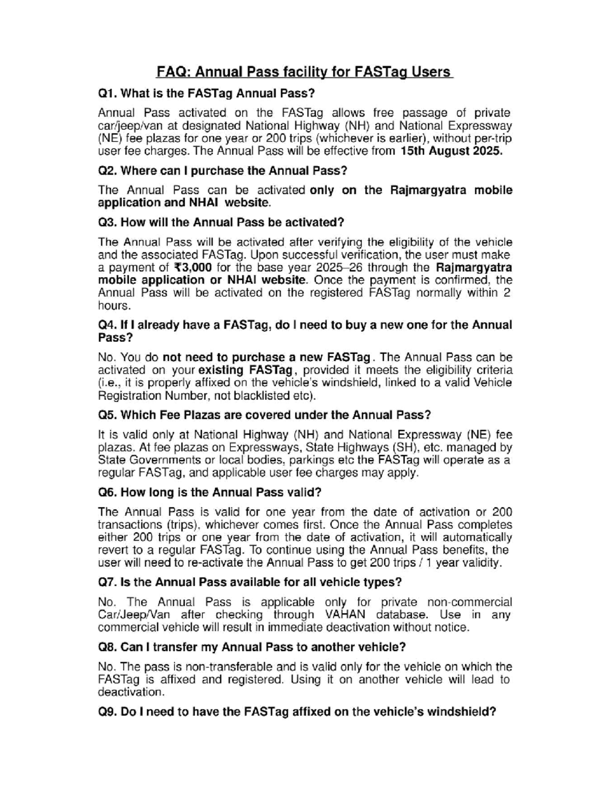 FAQs on FASTag Annual Pass Facility for Users - Studocu