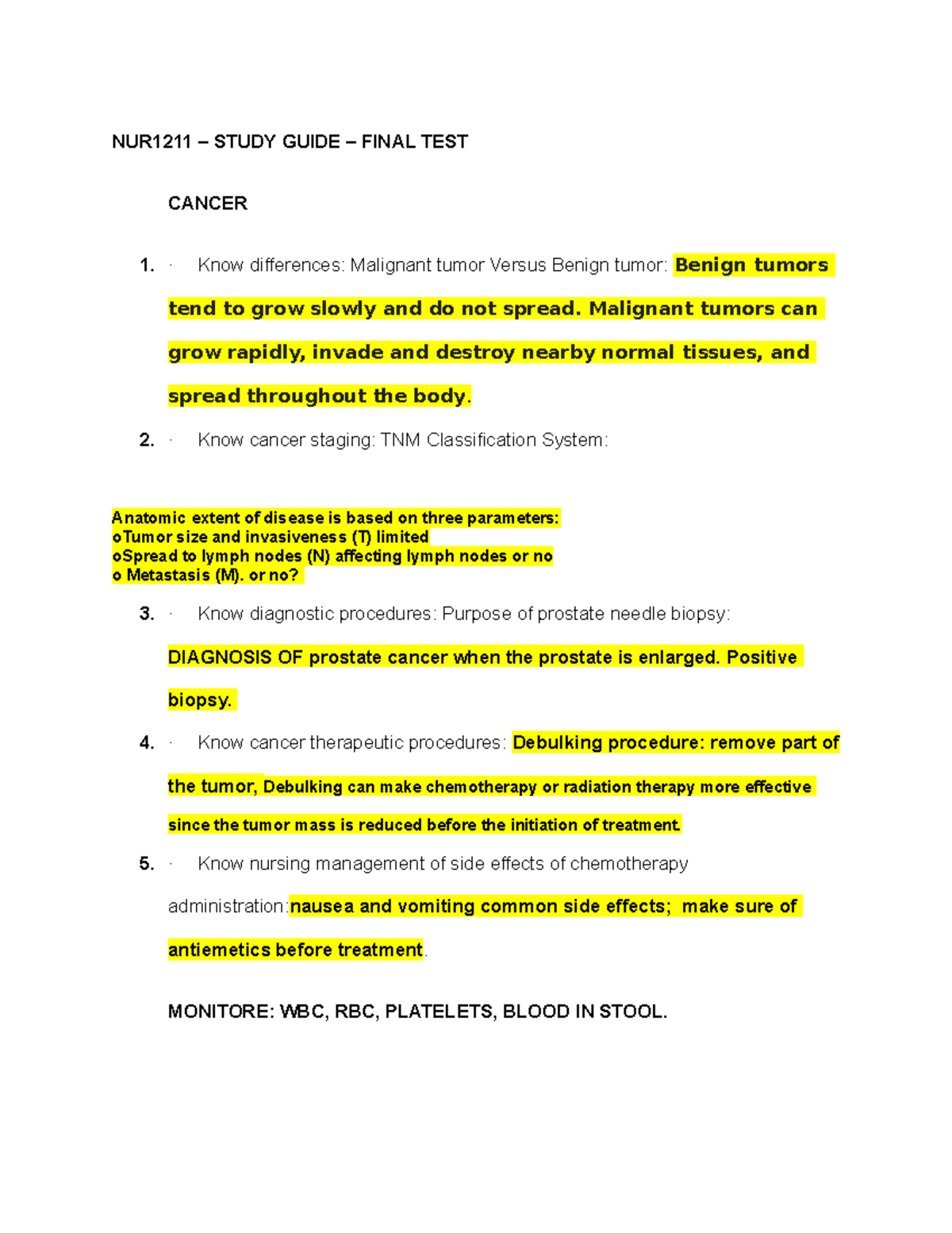 Final Exam Study Guide for NUR1211 - Med Surg 1: Cancer Insights - Studocu