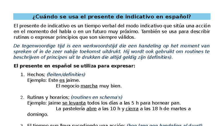 Uso del Presente de Indicativo en Español: Guía Completa - Studocu