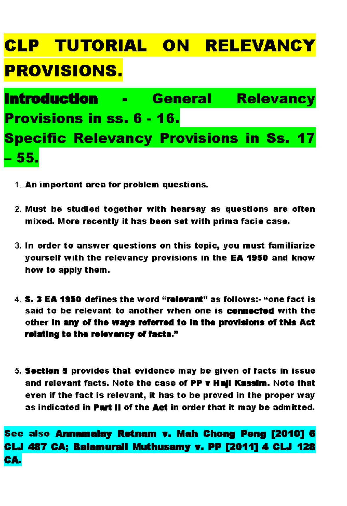 CLP Tutorial on Relevancy Provisions in Evidence Law - Studocu
