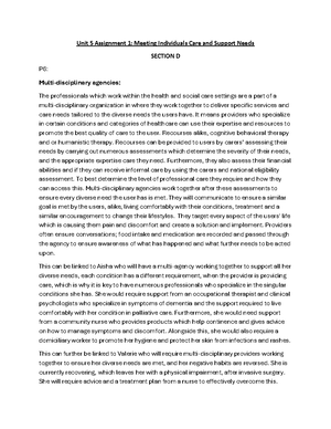 Unit 6 - unit 6 assigment - Unit 6- work experience in health and ...