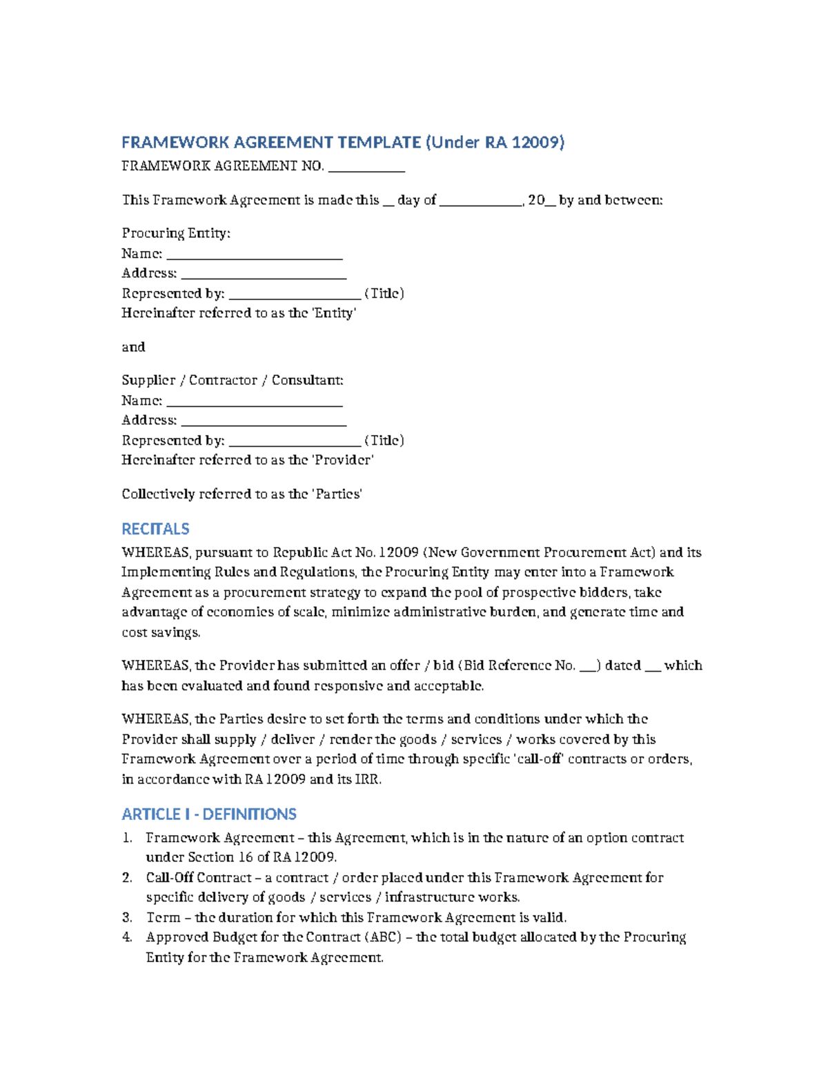 Framework Agreement Template under RA 12009 - Studocu