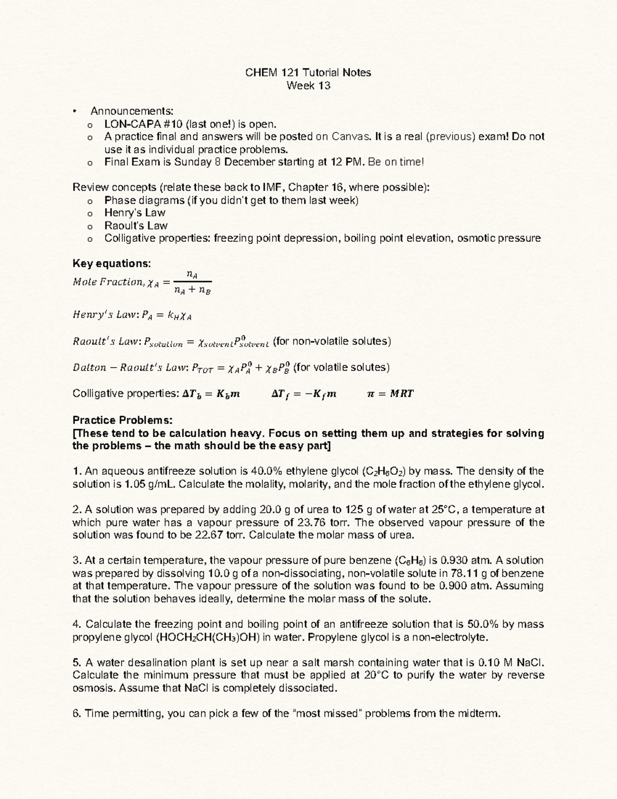 CHEM 121 Tutorial 13 Fall 2024 - CHEM 121 Tutorial Notes Week 13 ...