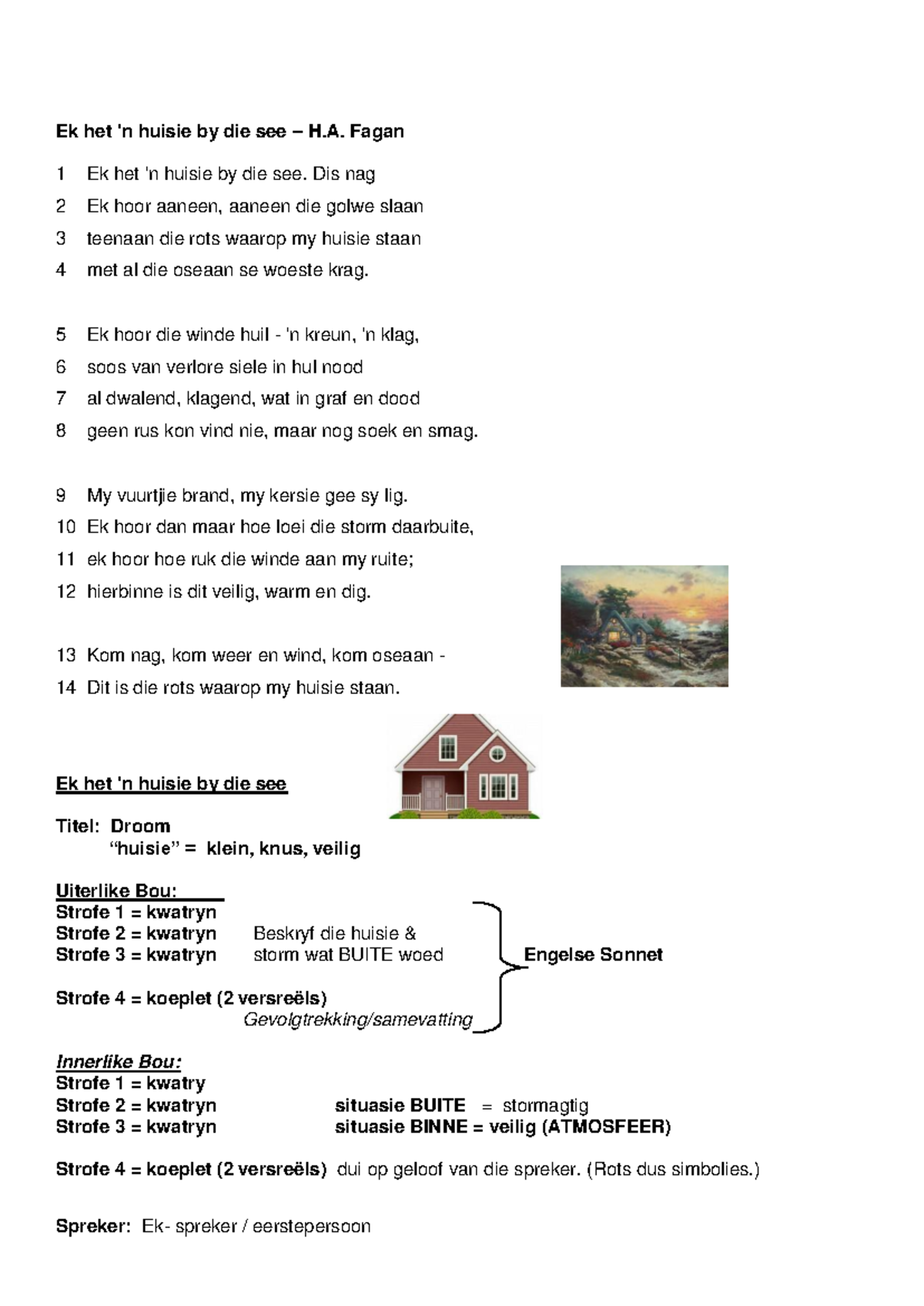 Huisie by die See: Analise en Antwoorde van H.A. Fagan se Gedig - Studocu