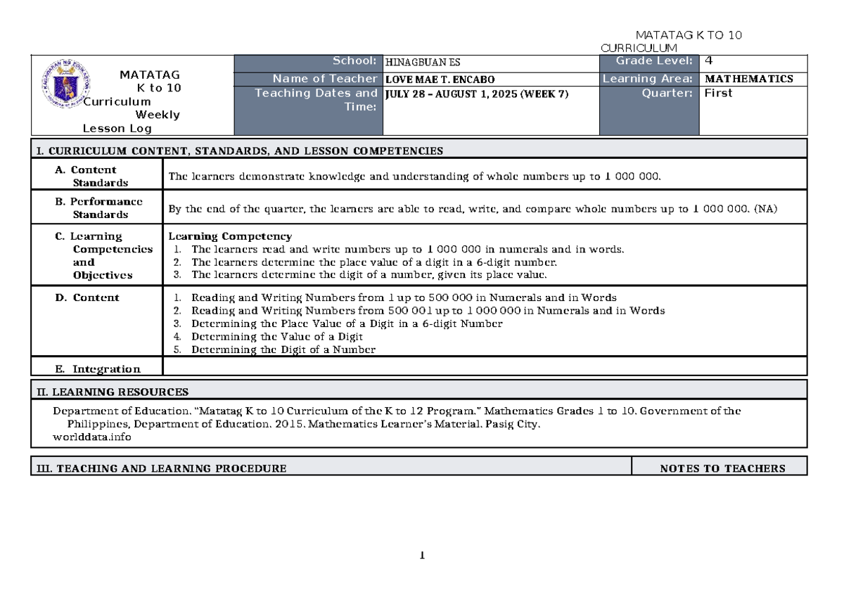 DLL Matatag MATH 4 Q1 W7 - Weekly Lesson Log on Place Value - Studocu