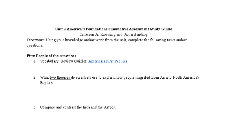 Unit 2 Study Guide: Foundations of America Summative Assessment - Studocu