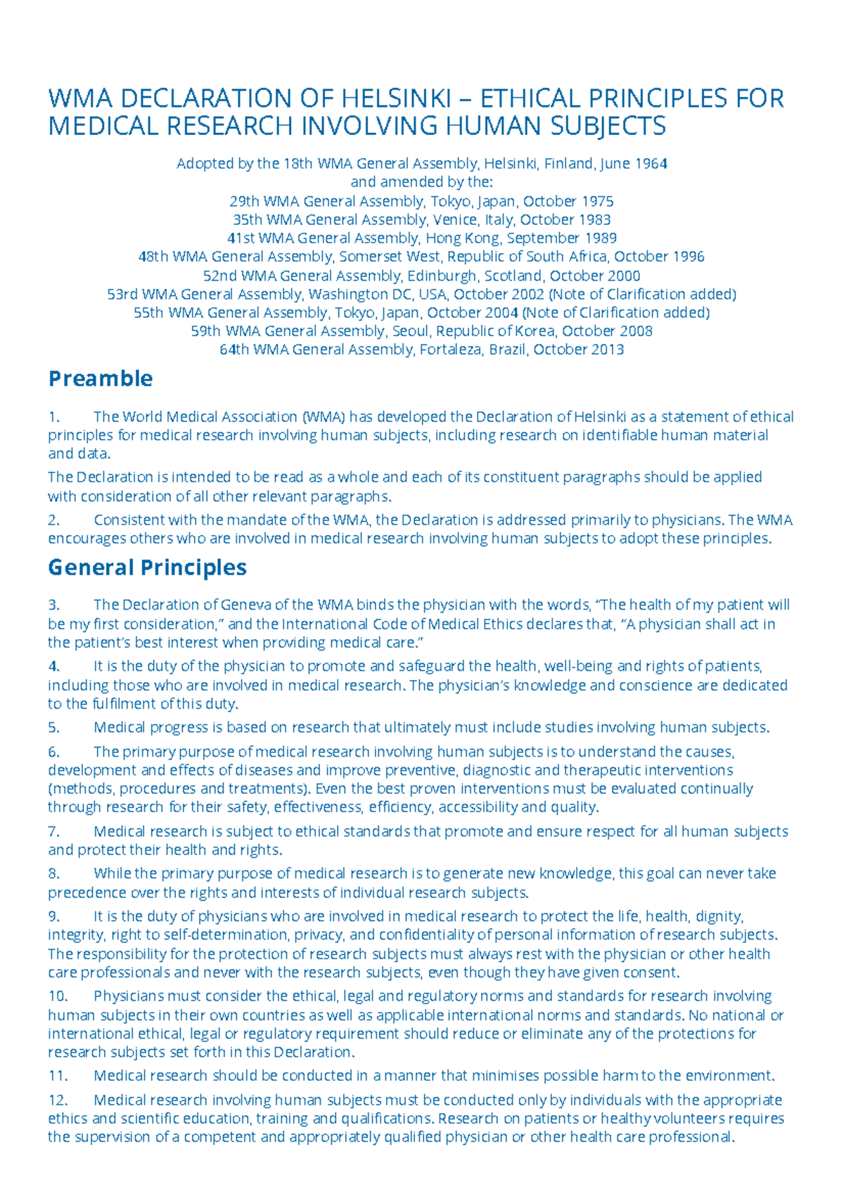 Wma declaration of helsinki ethical principles for medical research ...