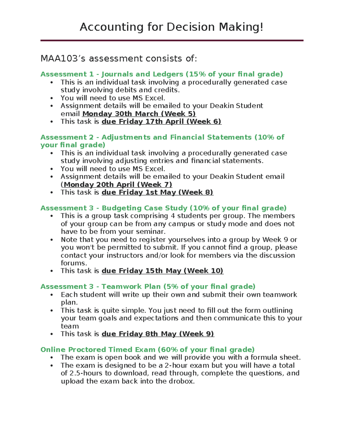 Accounting for Decision Making: Assessment Overview and Deadlines - Studocu