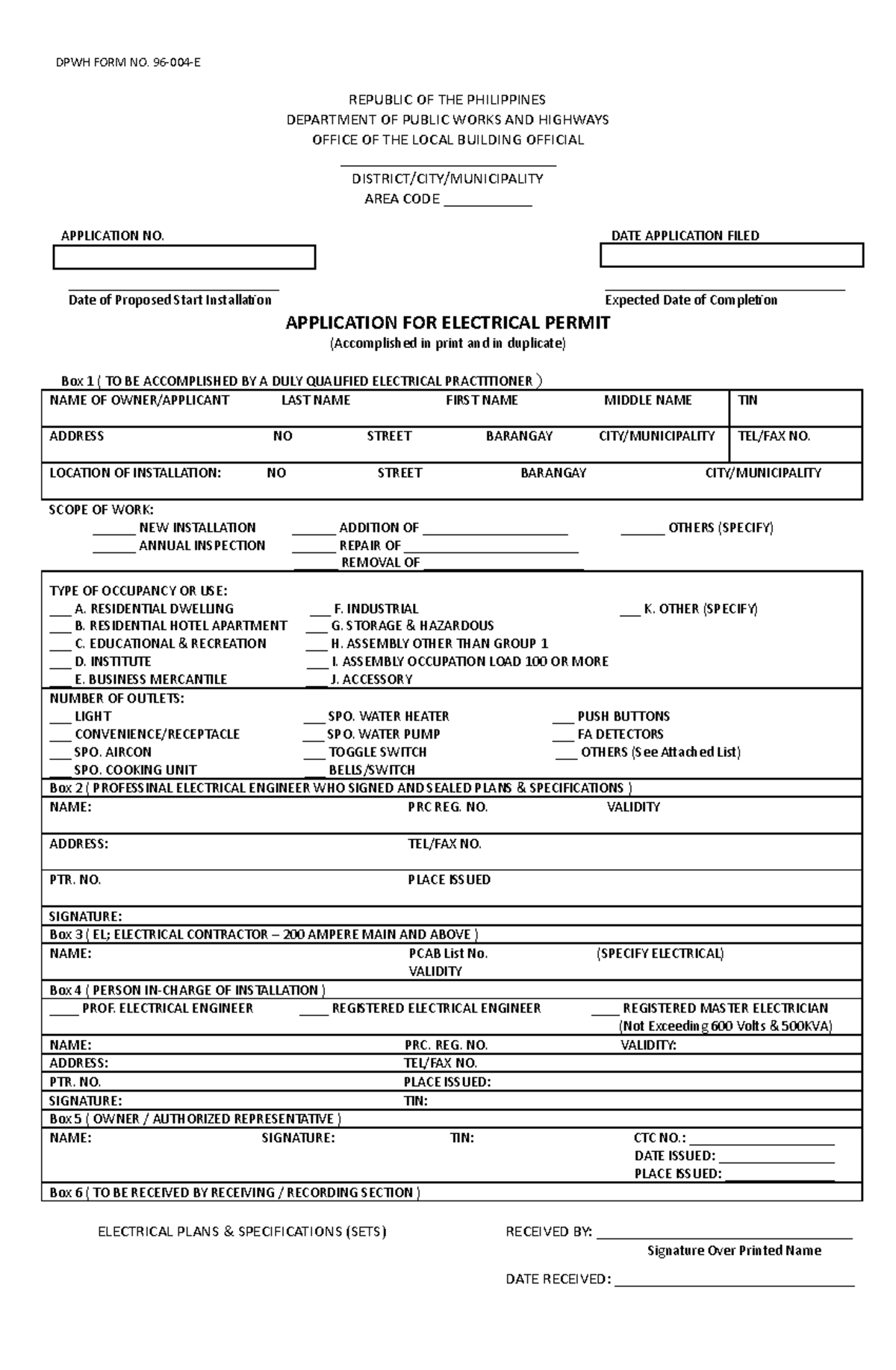 Application for Electrical Permit - DPWH Form No. 96-004-E - Studocu