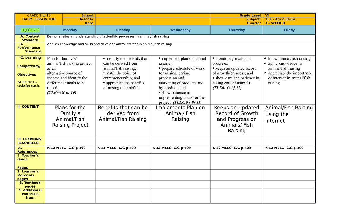 WEEK 8 TLE6AG - Daily Lesson Log on Animal/Fish Raising Project - Studocu