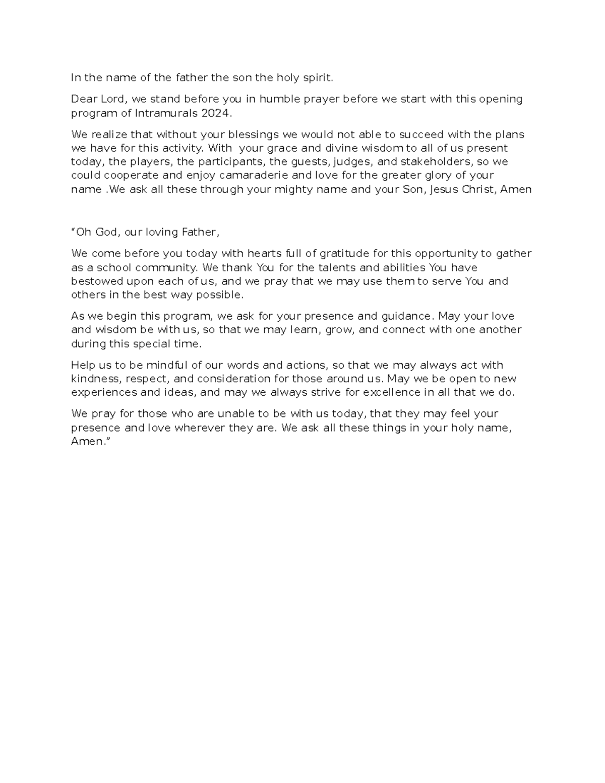 Prayer for Intramurals 2024: A Call for Blessings and Unity - Studocu