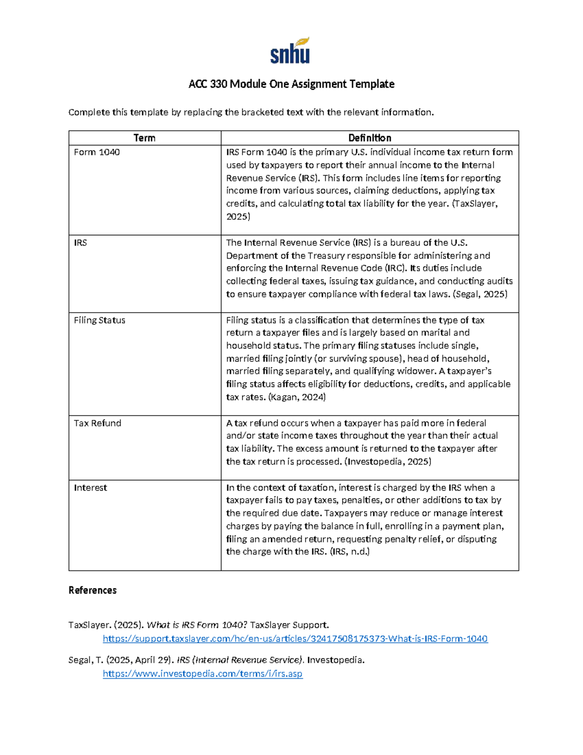 ACC 330 Module 1 Tax Return & IRS Overview Assignment - Studocu