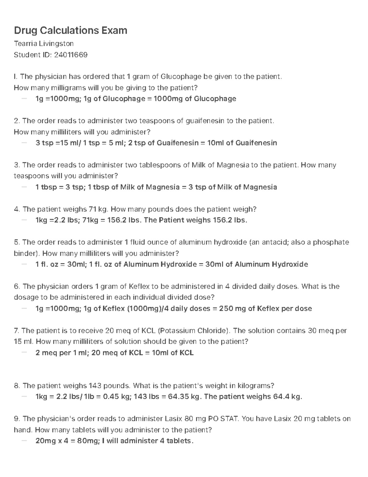 Drug Calculations Exam Study Guide for Nursing Course NUR-101 - Studocu