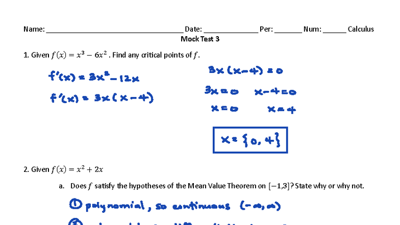 Calculus Mock Test 3 - Critical Points & Theorems Analysis - Studocu