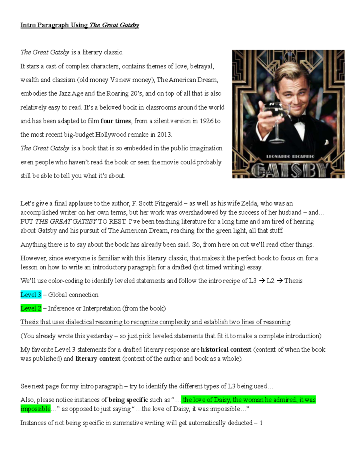 CORE - HO - Intro Paragraph on The Great Gatsby Analysis - Studocu