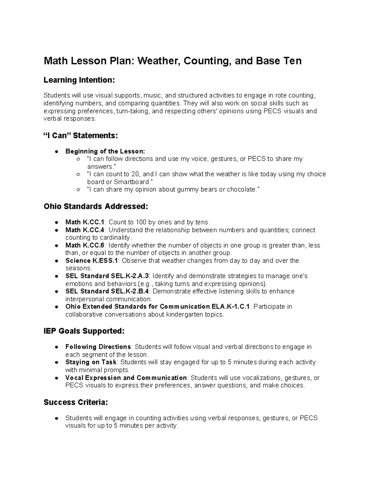 Math Lesson Plan: Weather, Counting & Base Ten Skills (K-2) - Studocu