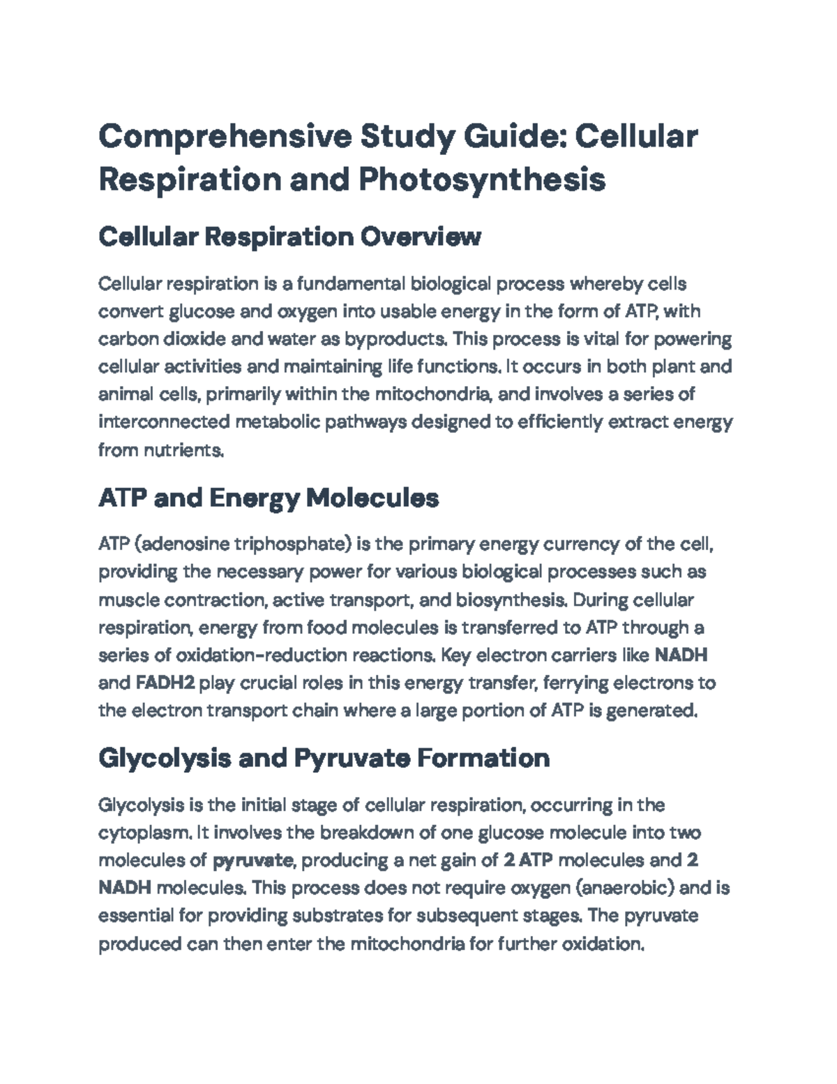 Comprehensive Study Guide: Cellular Respiration & Photosynthesis ...
