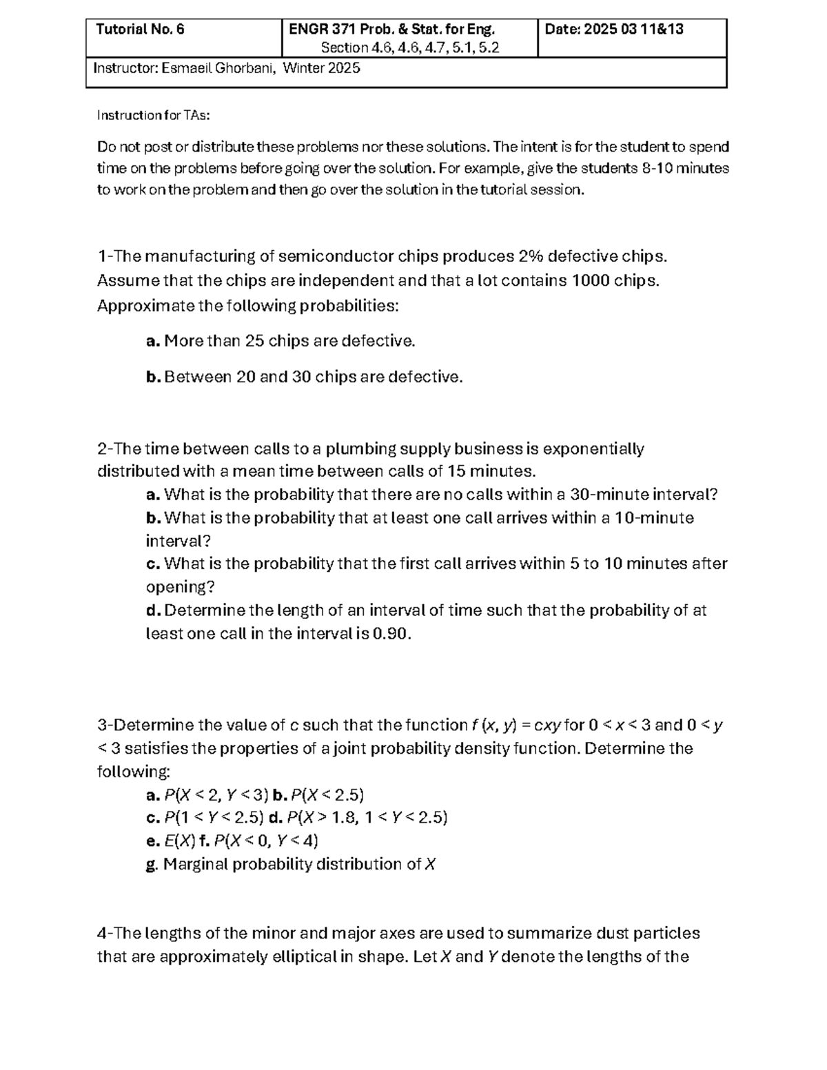 Tutorial 6 ENGR 371: Prob. Stat. for Eng. - Sections 4.6 to 5.2 - Studocu
