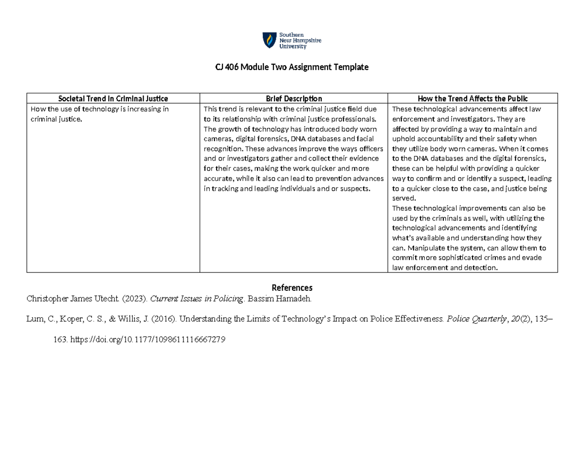 CJ 406 Module Two Assignment - This trend is relevant to the criminal ...