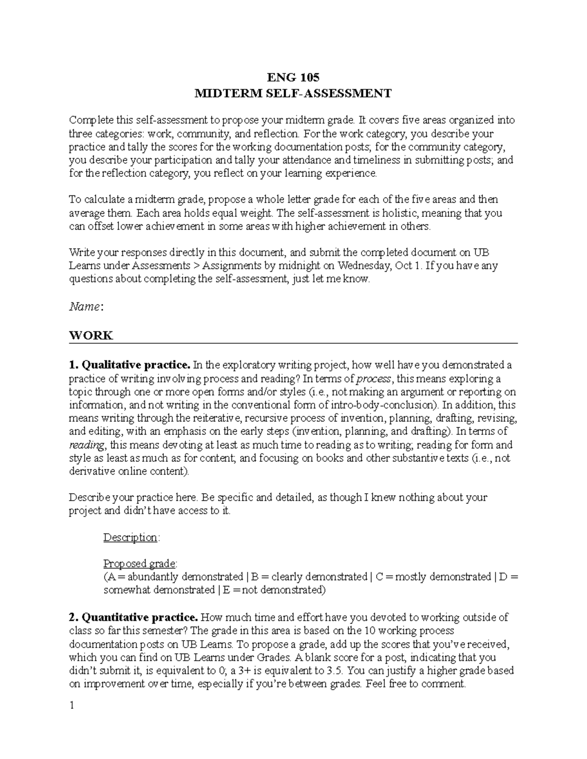 ENG 105 MIDTERM Self-Assessment for Grade Proposal - Studocu