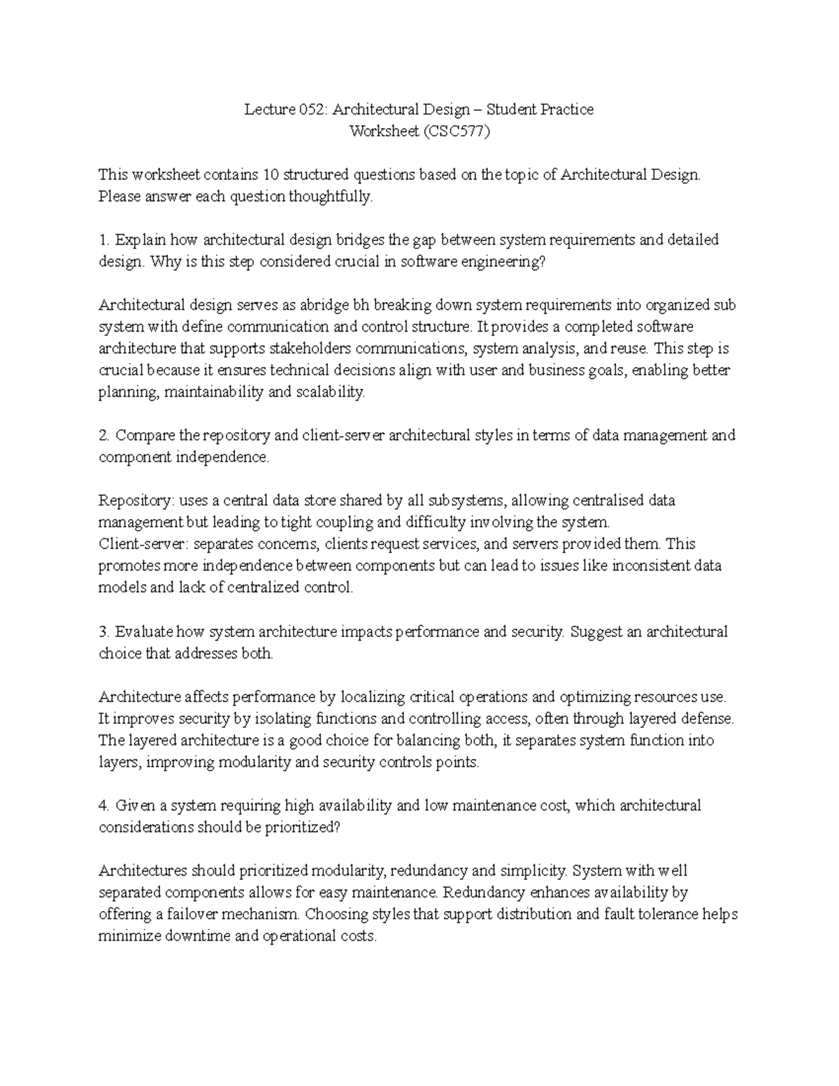 Lecture 052: Architectural Design Practice Questions (CSC577) - Studocu