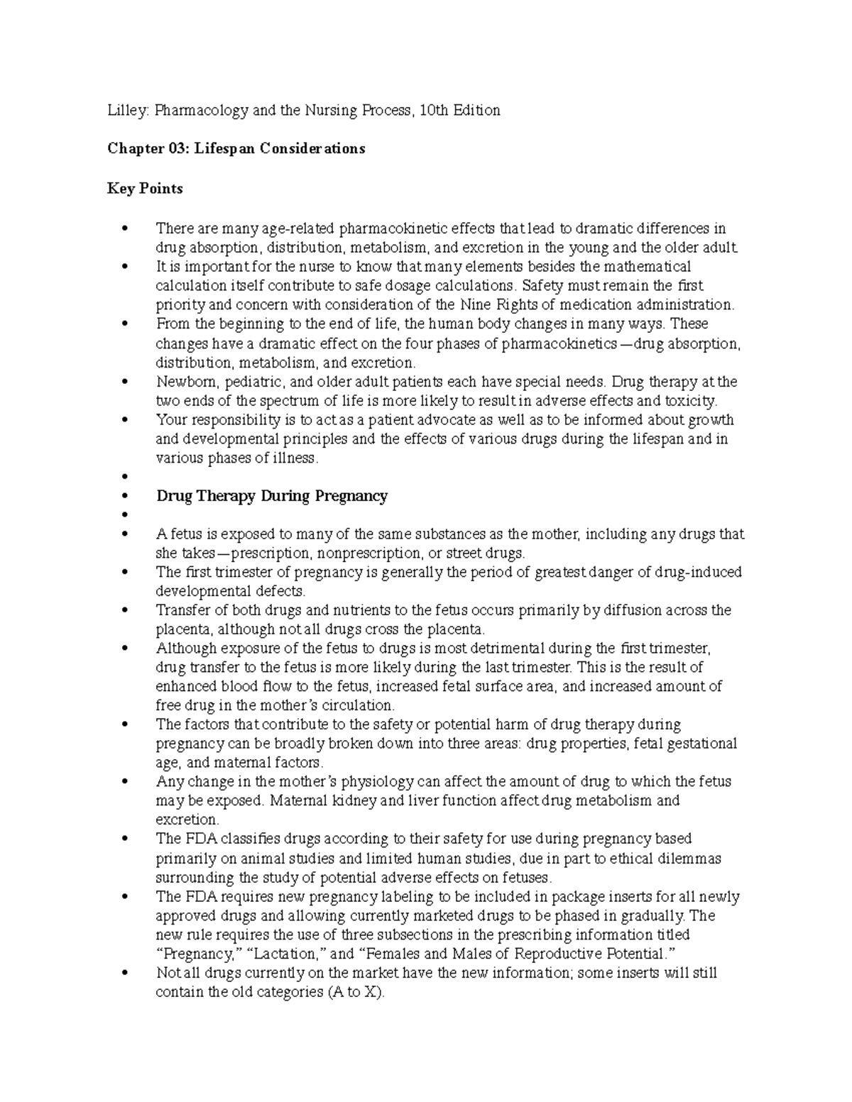 Pharm 10th Ed Ch 03: Lifespan Considerations in Drug Therapy - Studocu