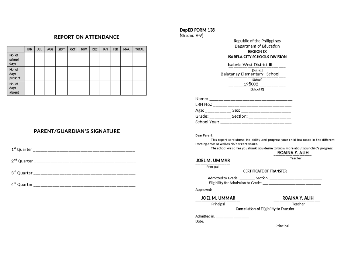 DepED FORM 138: Report Card for Grades IV & V (School Year) - Studocu