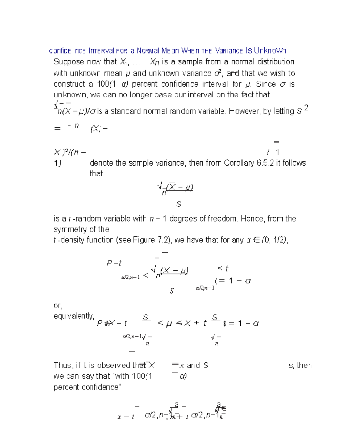 Confidence Interval for Normal Mean with Unknown Variance - Studocu
