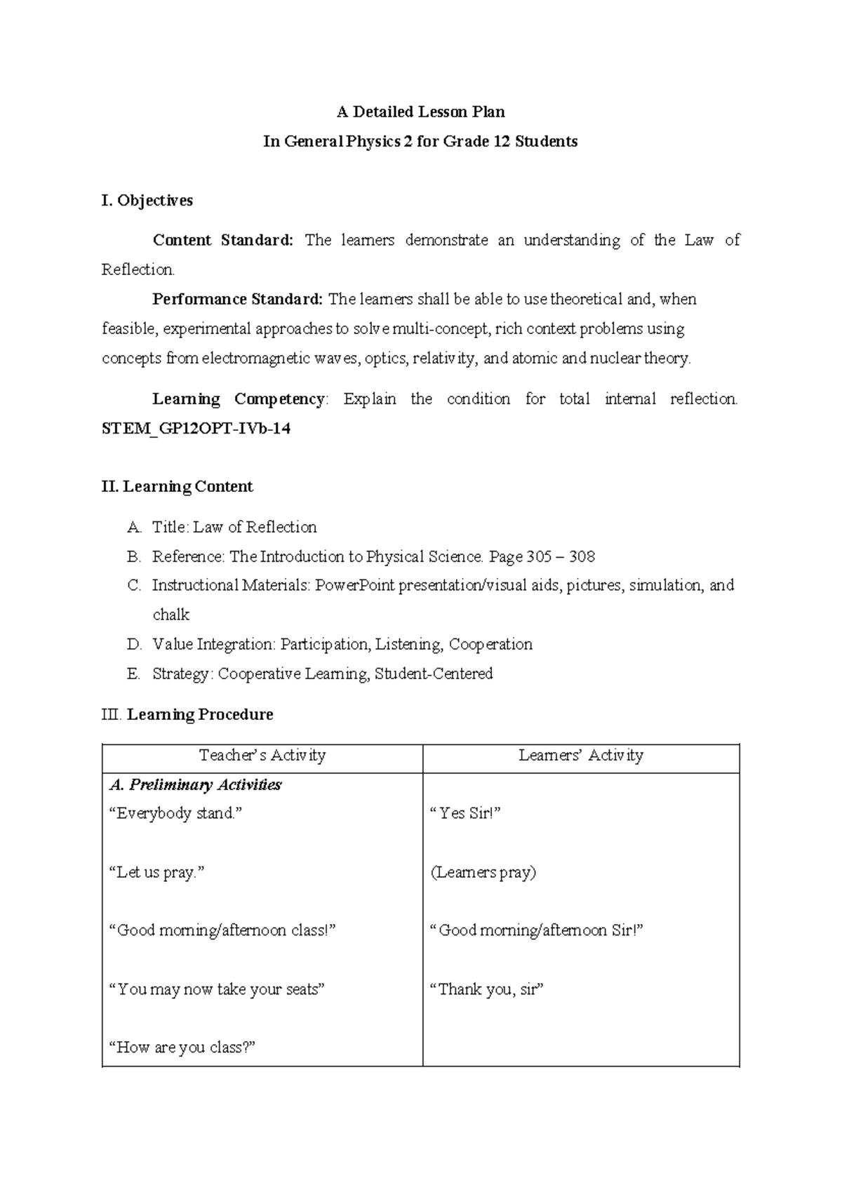DLP - G12 - Lesson Plan on Law of Reflection in General Physics 2 - Studocu