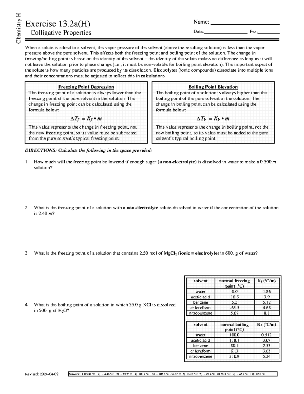Colligative Properties Worksheet 2025 - Revised: 2024 - 04 - 02 Name ...