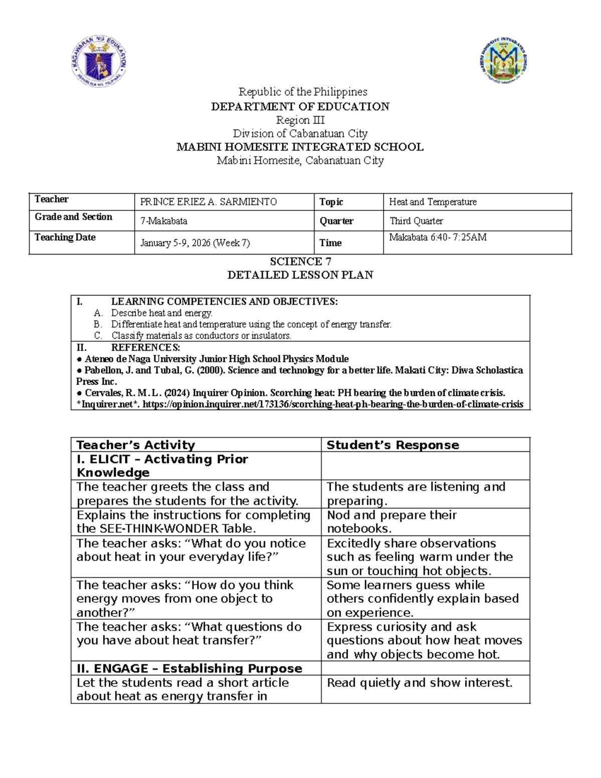 G7 SCIENCE 7 Week 7 DLP: Heat and Temperature Concepts - Studocu