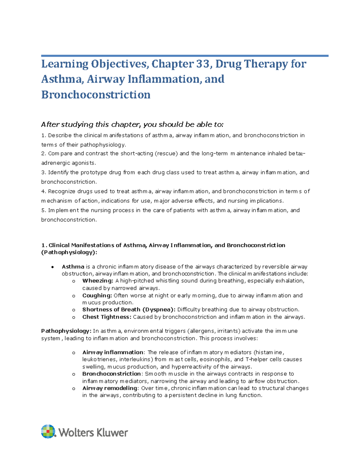Pharm CH 33: Learning Objectives on Asthma & Bronchoconstriction - Studocu