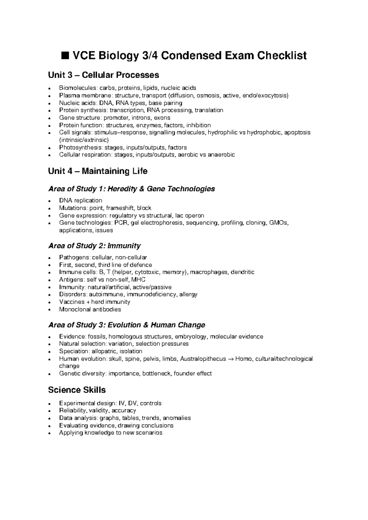 VCE Biology 3/4 Final Exam Checklist for Cellular Processes & Life ...
