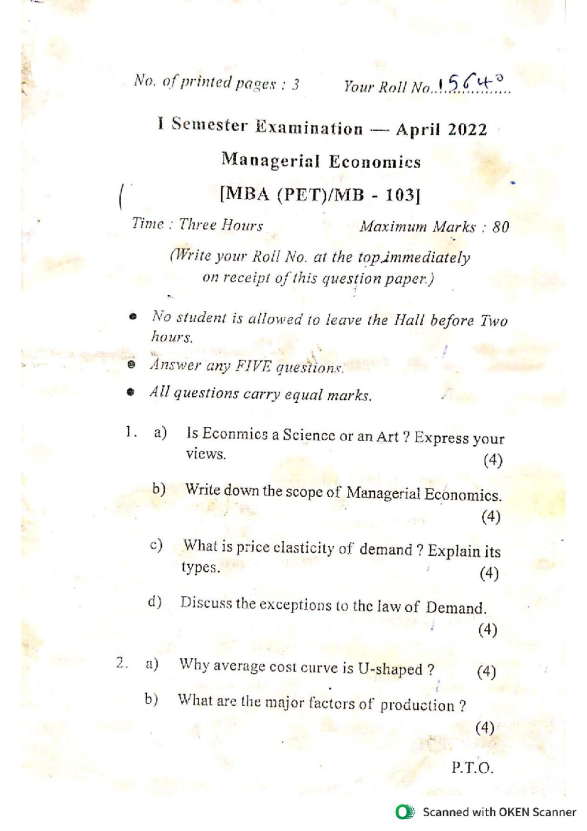 MBA 102 & 105: I Semester Exam Question Paper - April 2022 & 2023 - Studocu