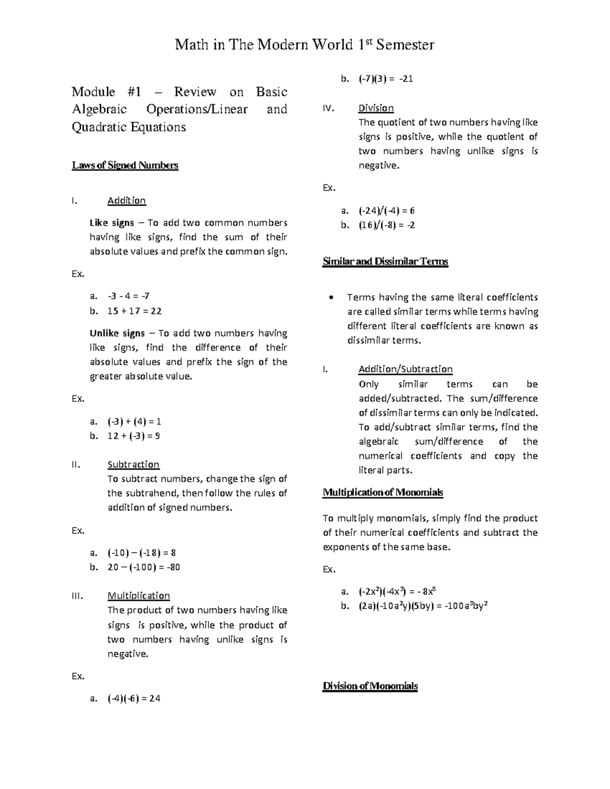 MATH- Midterms- Reviewer - Module #1 – Review on Basic Algebraic ...
