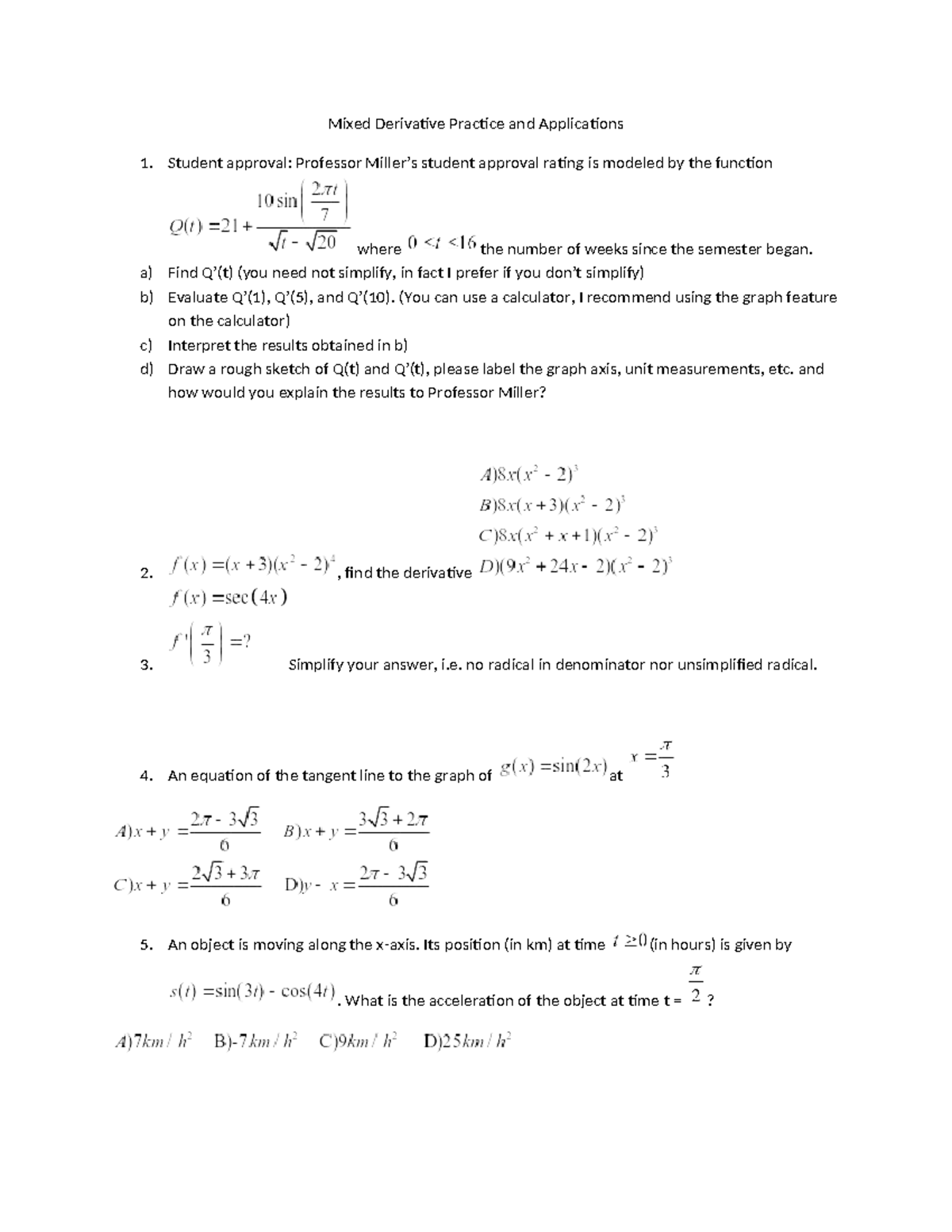 AP Problems: Mixed Derivative Practice & Applications - Studocu