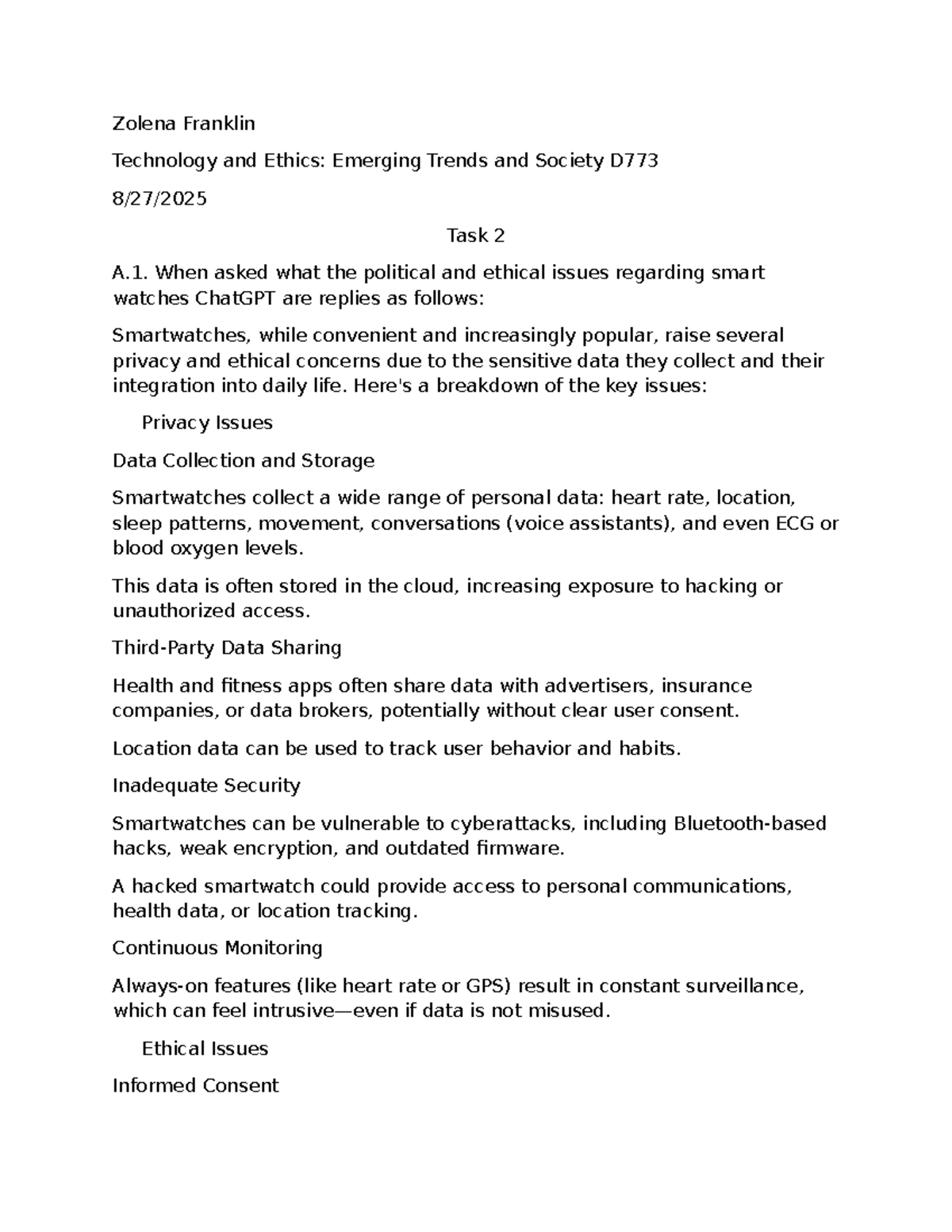 D773 Technology and Ethics: Smartwatches and Anonymity Issues Task 2 ...