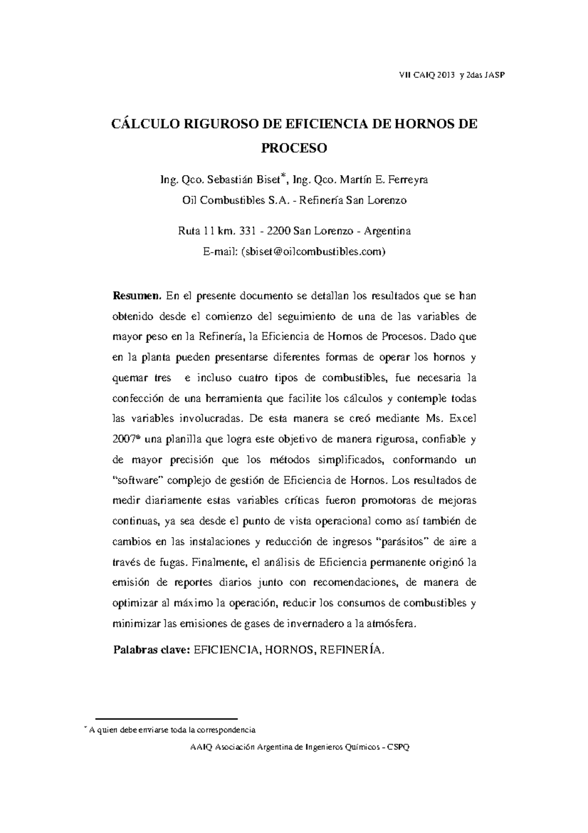 Cálculo Riguroso de Eficiencia de Hornos de Proceso - VII CAIQ 2013 ...