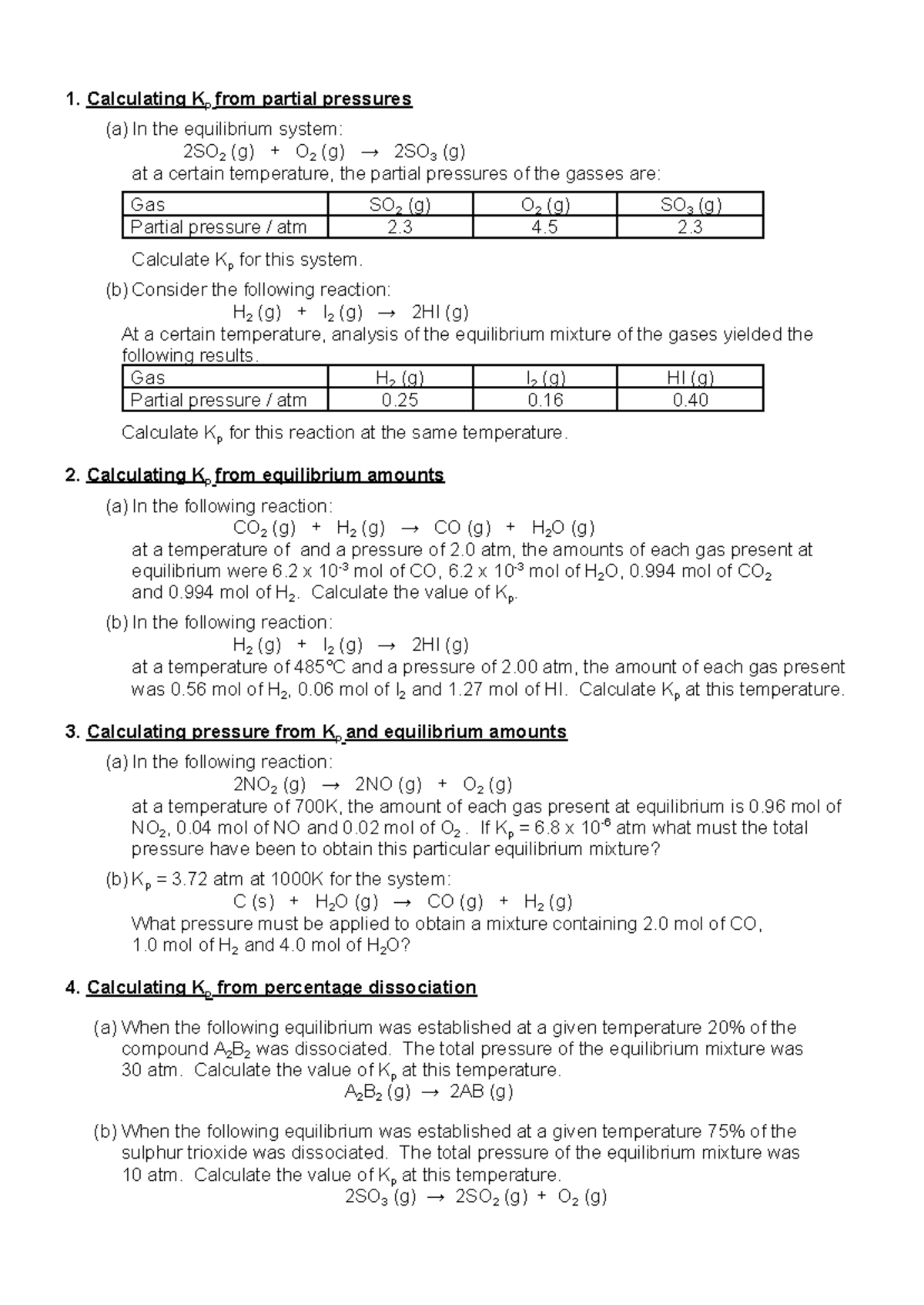 Kp Revision: Calculating Equilibrium Constants for Gaseous Reactions ...