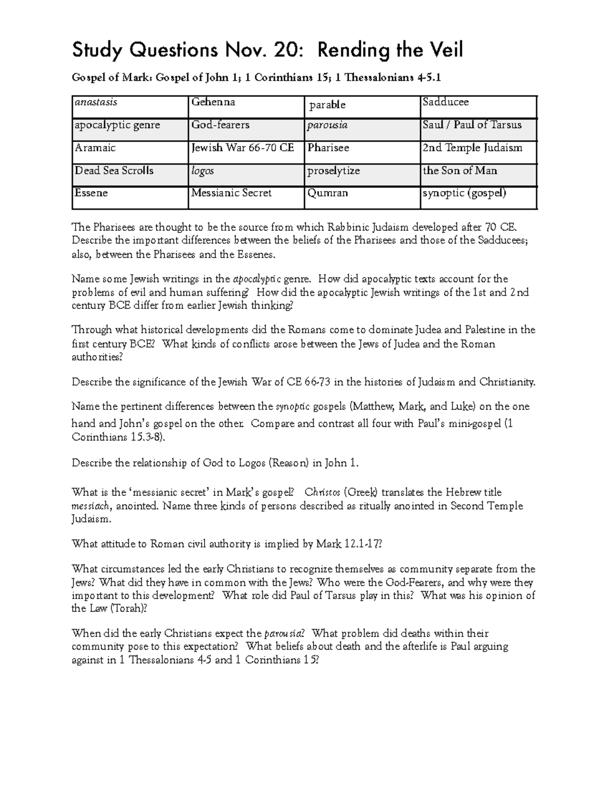 Study Questions: New Testament Insights on Pharisees, Essenes, and ...