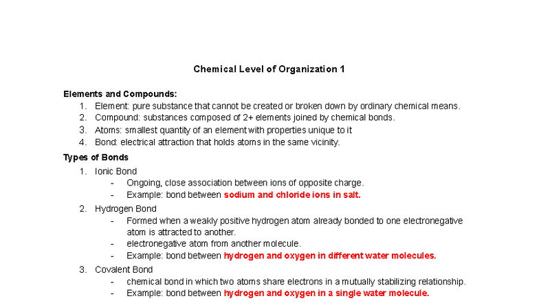 Lecture 1 - Chemical Level of Organization: Elements, Compounds, and ...