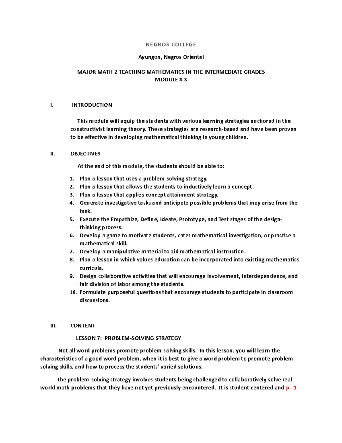 Major Math 2 Module # 3 - NEGROS COLLEGE Ayungon, Negros Oriental MAJOR ...