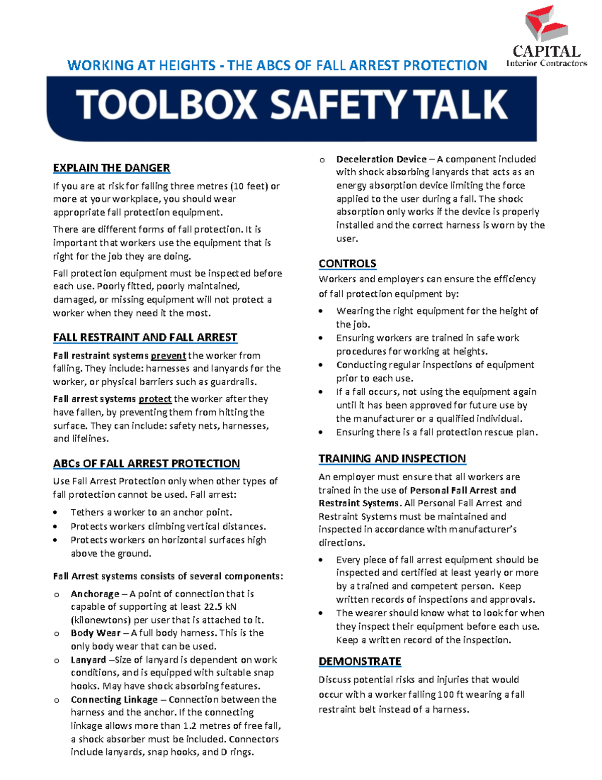 Fall Protection - Toolbox Talk - WORKING AT HEIGHTS - THE ABCS OF FALL ...
